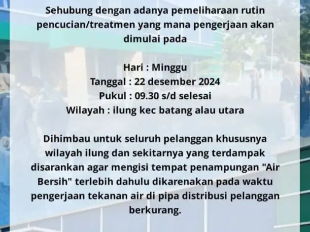 Ada Pemeliharaan, PTAM Murakata Lestari Bakal Matikan Aliran Air Leding ...