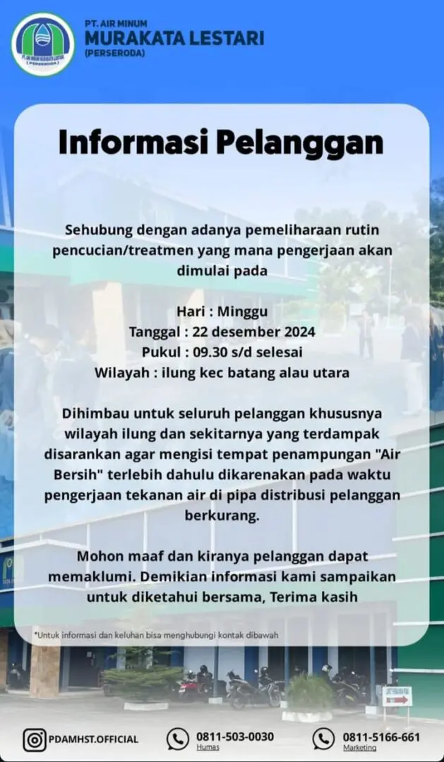 Ada Pemeliharaan, PTAM Murakata Lestari Bakal Matikan Aliran Air Leding ...